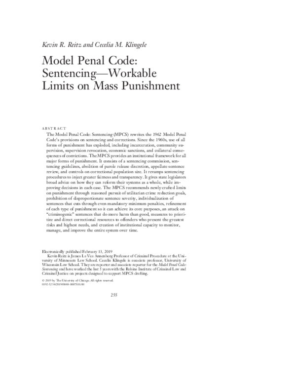 (PDF) Model Penal Code: Sentencing—Workable Limits on Mass Punishment