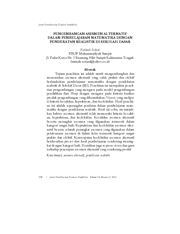 (PDF) Pengembangan Asesmen Alternatif Dalam Pembelajaran Matematika Dengan Pendekatan Realistik ...