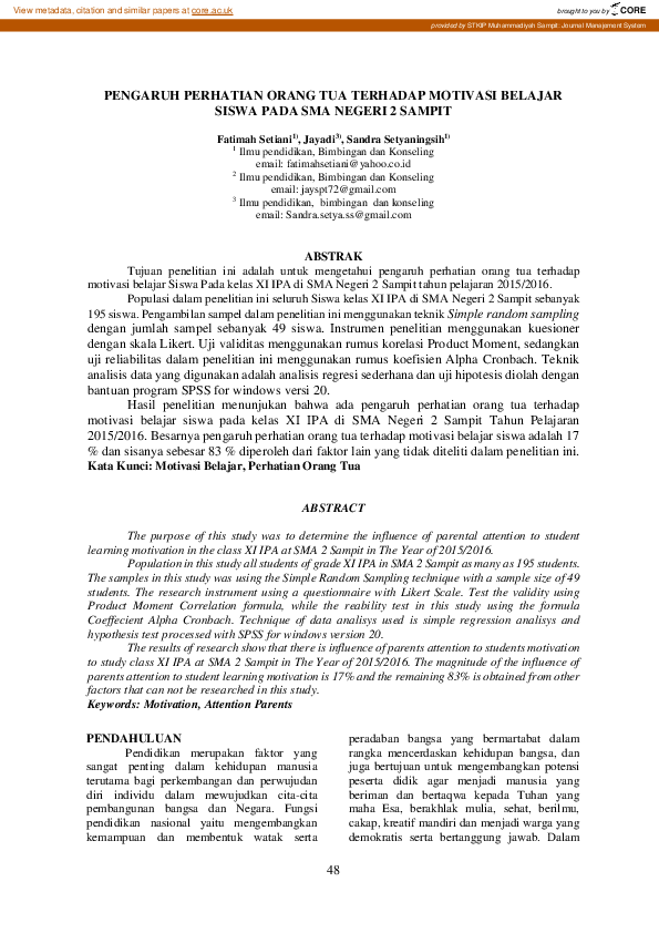 Pengaruh Perhatian Orang Tua Terhadap Motivasi Belajar Siswa Pada Sma Negeri 2 Sampit
