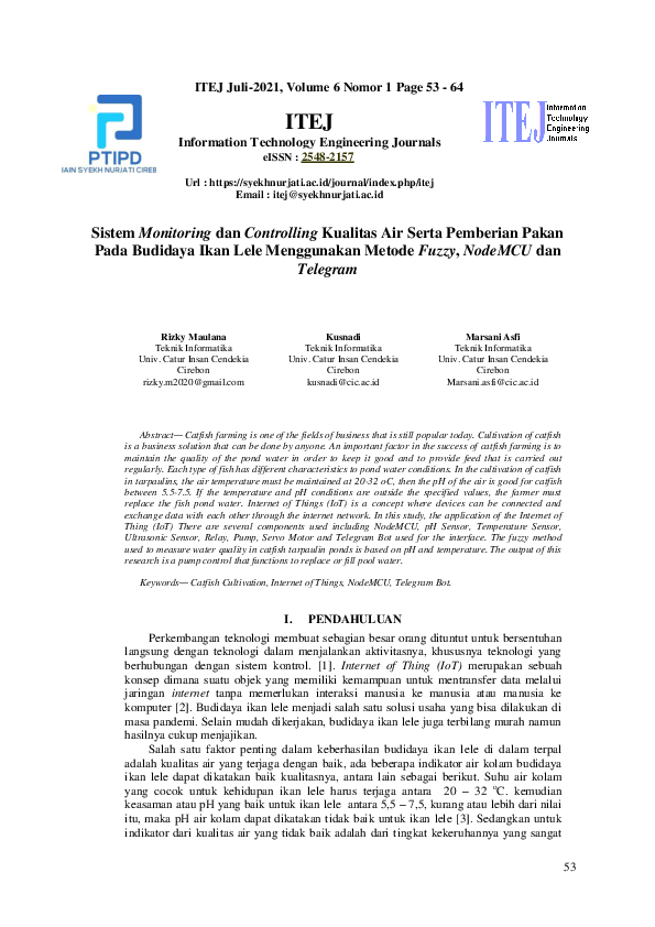 Pdf Sistem Monitoring Dan Controlling Kualitas Air Serta Pemberian Pakan Pada Budidaya Ikan