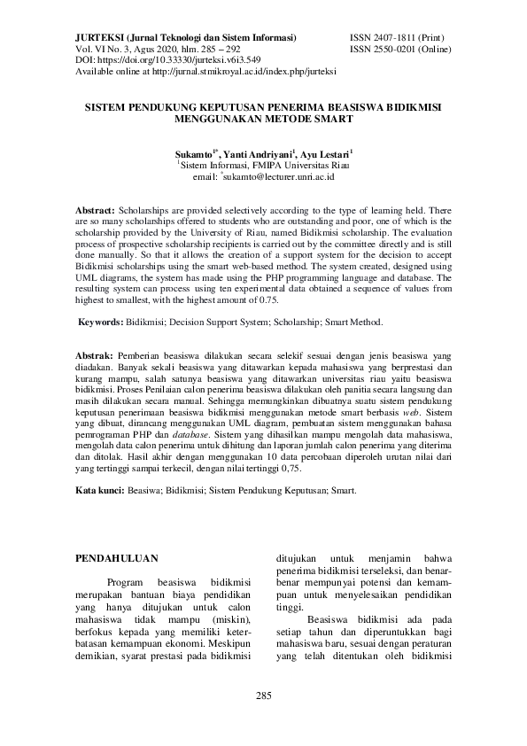 (PDF) Sistem Pendukung Keputusan Penerima Beasiswa Bidikmisi Menggunakan Metode Smart
