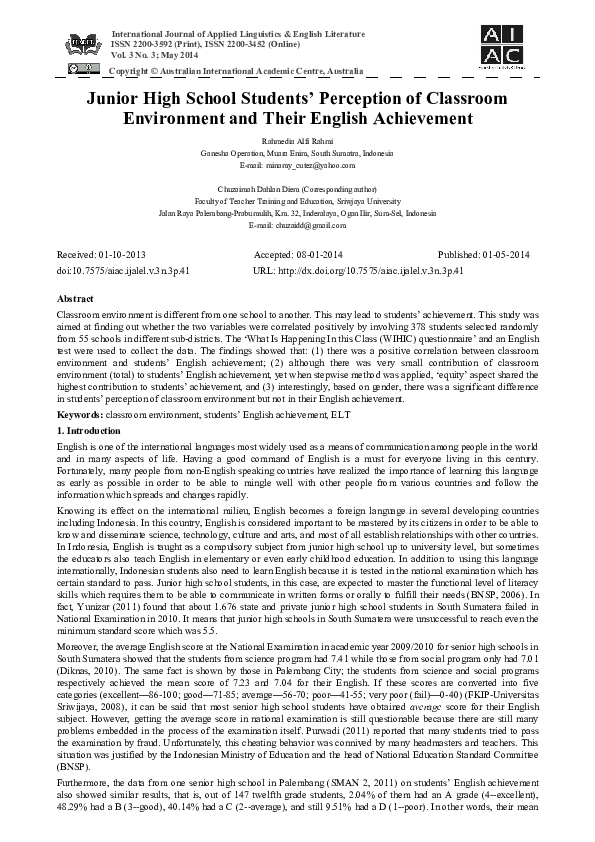(PDF) Junior High School Students’ Perception of Classroom Environment ...