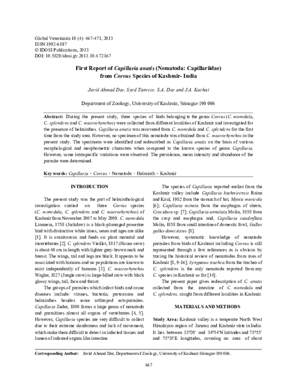 (PDF) First report of Capillaria anatis (Nematoda: Capillariidae) from ...