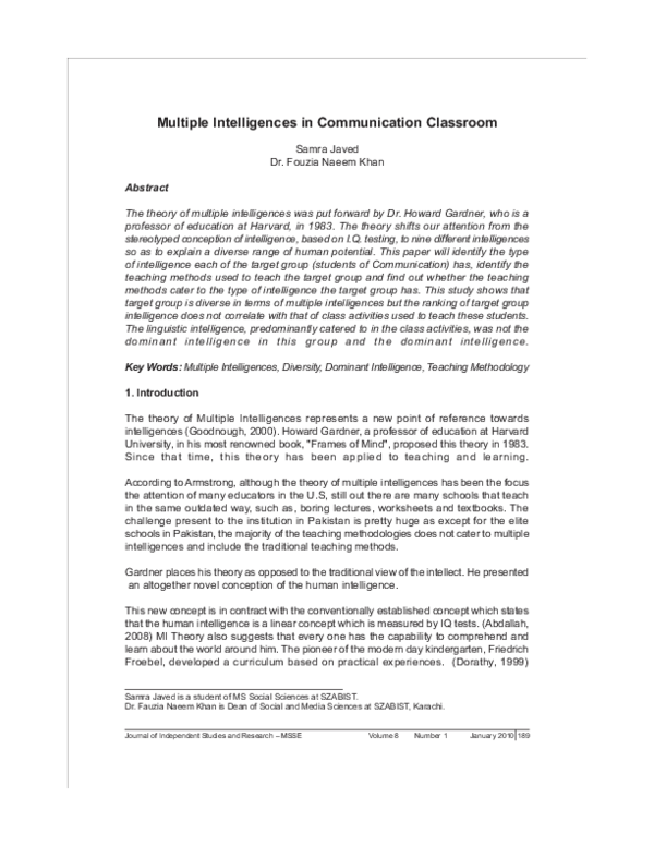 (PDF) Multiple Intelligences in Communication Classroom