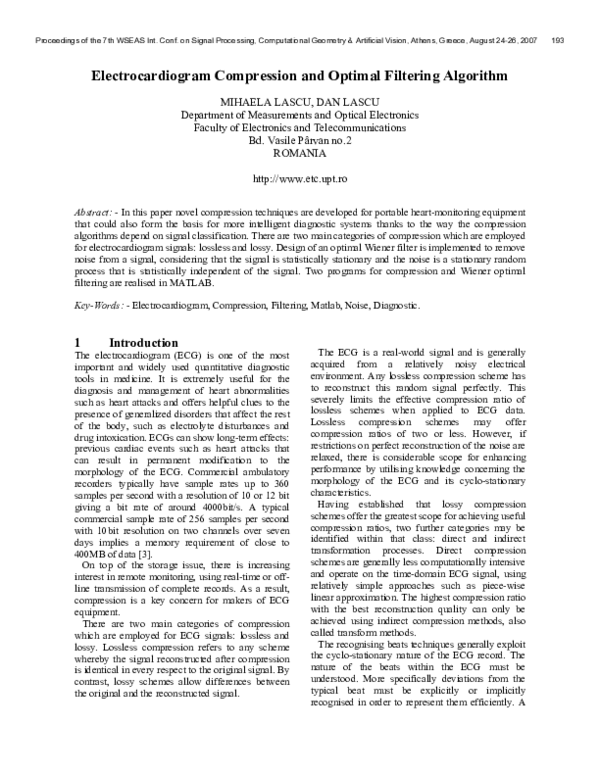 Pdf Electrocardiogram Compression And Optimal Filtering Algorithm 3607