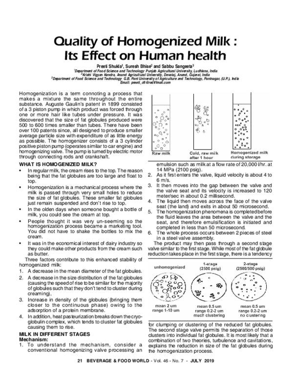 (PDF) Quality of Homogenized Milk : Its Effect on Human health