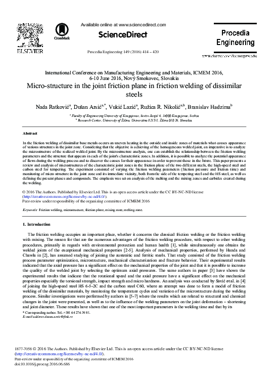 (PDF) Micro-structure in the Joint Friction Plane in Friction Welding ...