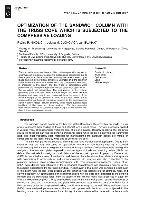 (PDF) Optimization of the Sandwich Column with the Truss Core Which is ...