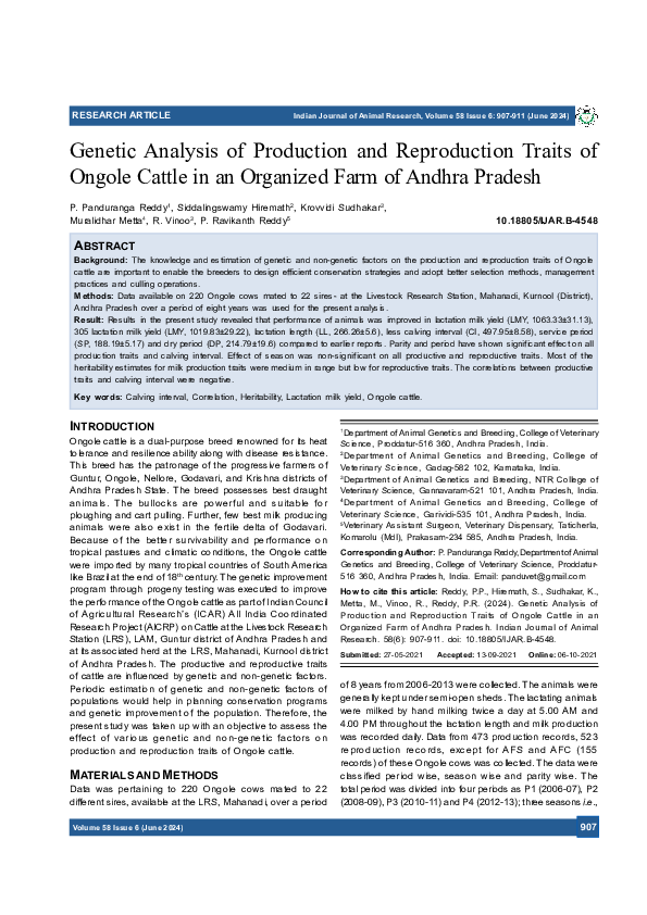 (PDF) Genetic Analysis of Production and Reproduction Traits of Ongole ...