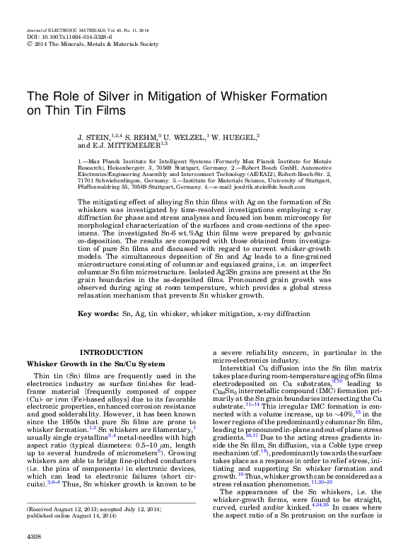 (PDF) The Role of Silver in Mitigation of Whisker Formation on Thin Tin ...