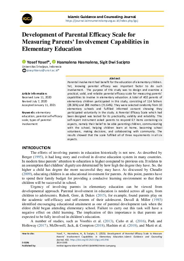 (PDF) Development of Parental Efficacy Scale to Measure Parents ...