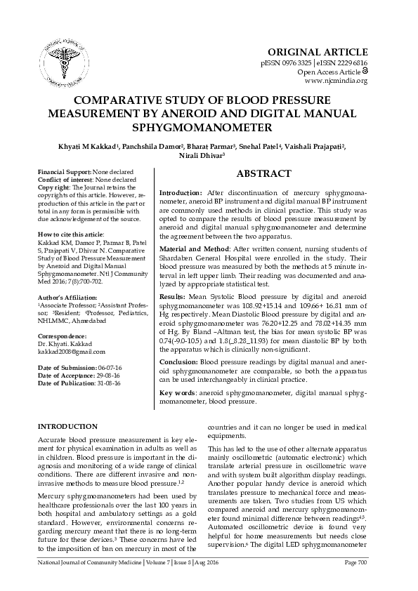 (PDF) COMPARATIVE STUDY OF BLOOD PRESSURE MEASUREMENT BY ANEROID AND ...