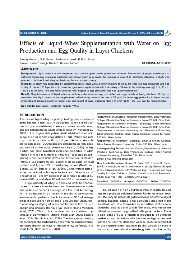 (PDF) Effects of Liquid Whey Supplementation with Water on Egg ...
