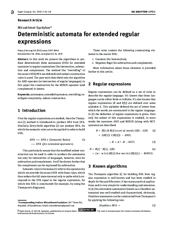 (PDF) Deterministic automata for extended regular expressions