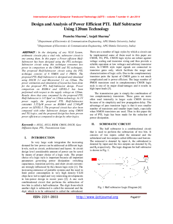 (PDF) Design and Analysis of Power Efficient PTL Half Subtractor Using 120nm Technology ...