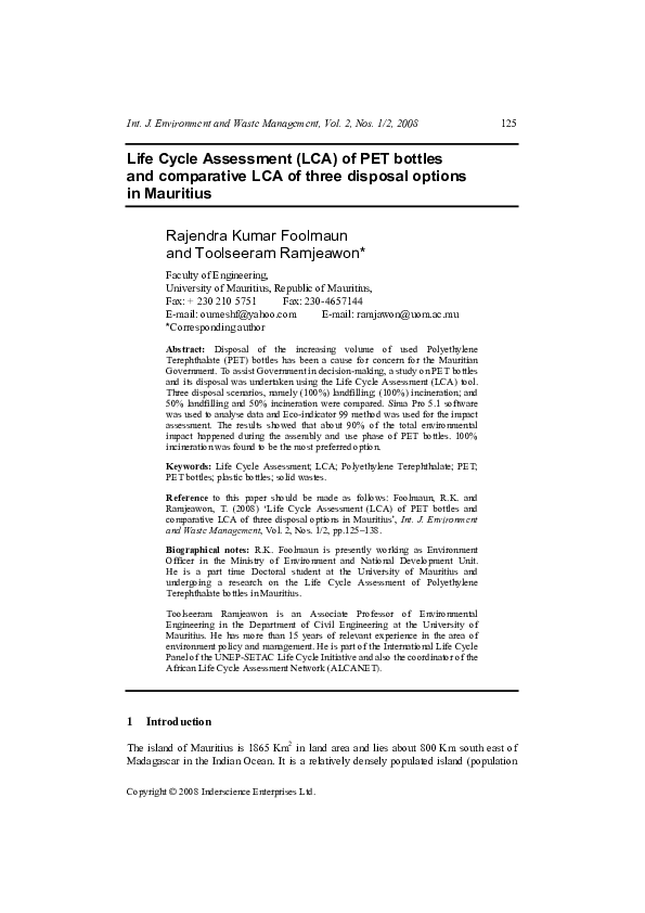 (PDF) Life Cycle Assessment (LCA) of PET bottles and comparative LCA of ...