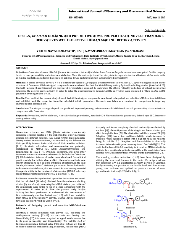 (PDF) Design, In-Silico Docking and Predictive Adme Properties of Novel Pyrazoline Derivatives ...