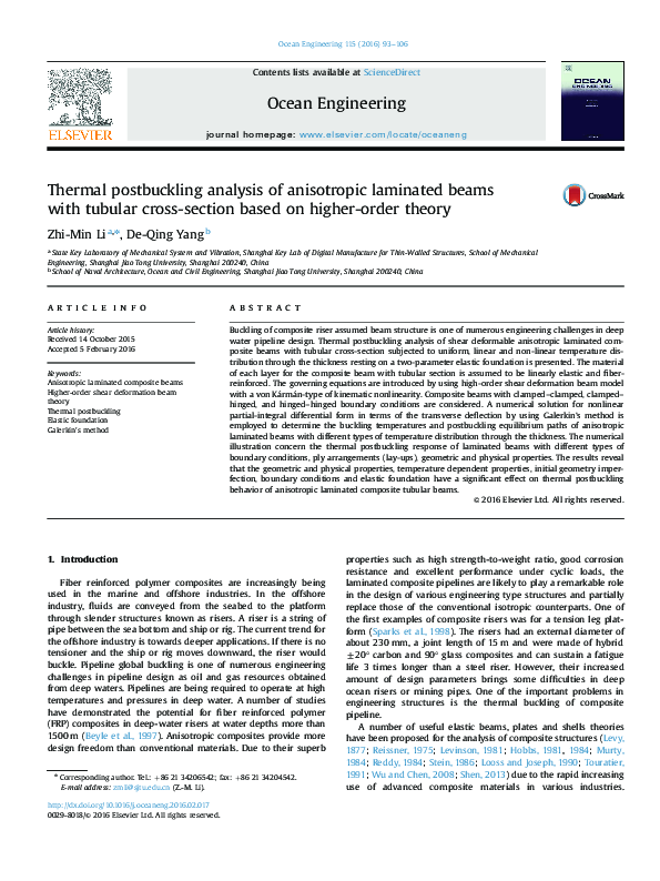 Pdf Thermal Postbuckling Analysis Of Anisotropic Laminated Beams With Tubular Cross Section