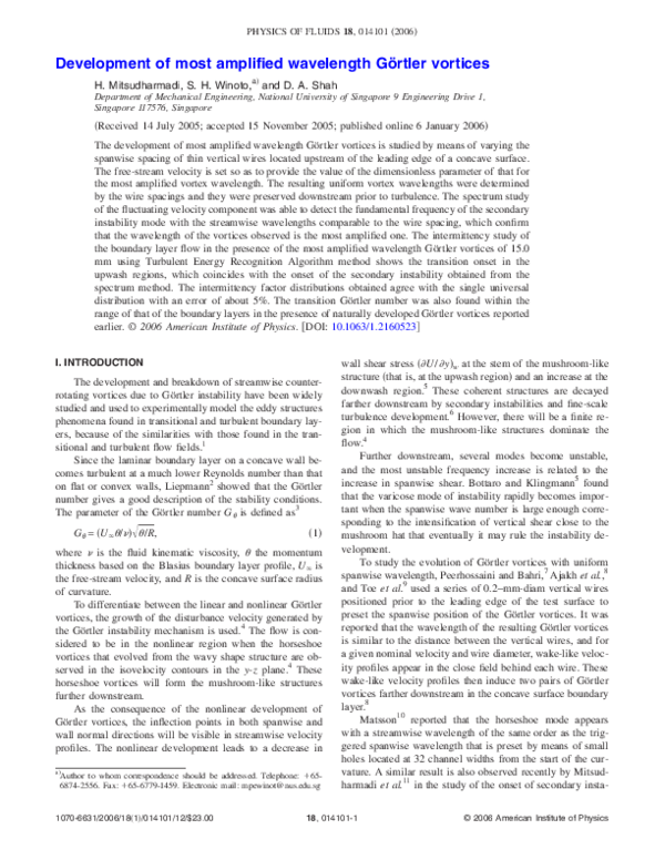 (PDF) Development of most amplified wavelength Görtler vortices