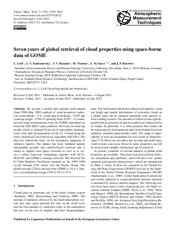 (PDF) Seven years of global retrieval of cloud properties using space-borne data of GOME