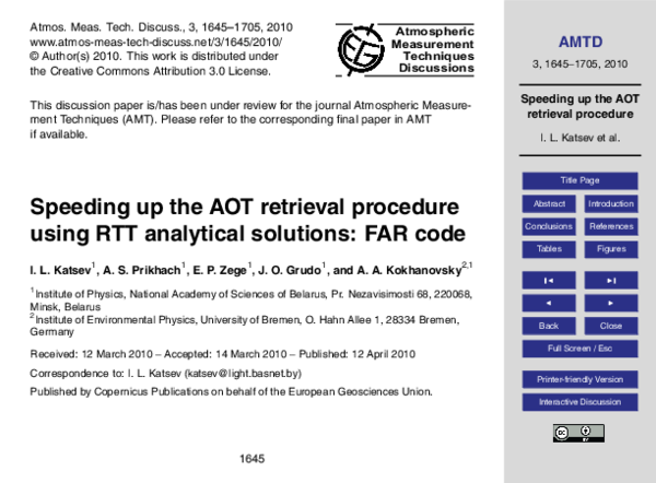 (PDF) Speeding up the AOT retrieval procedure using RTT analytical ...