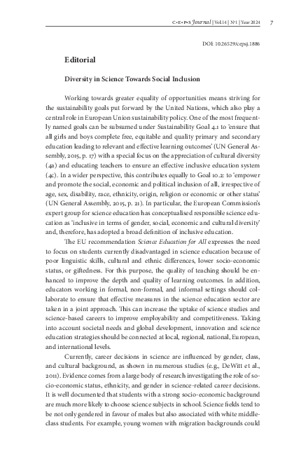 (PDF) Editorial: Diversity in Science Towards Social Inclusion