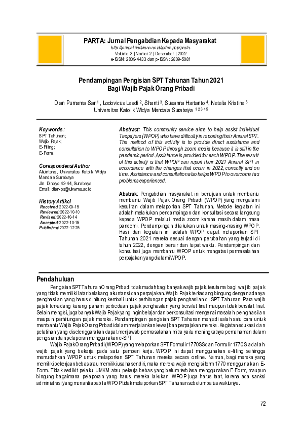 (PDF) Pendampingan Pengisian SPT Tahunan Tahun 2021 Bagi Wajib Pajak Orang Pribadi