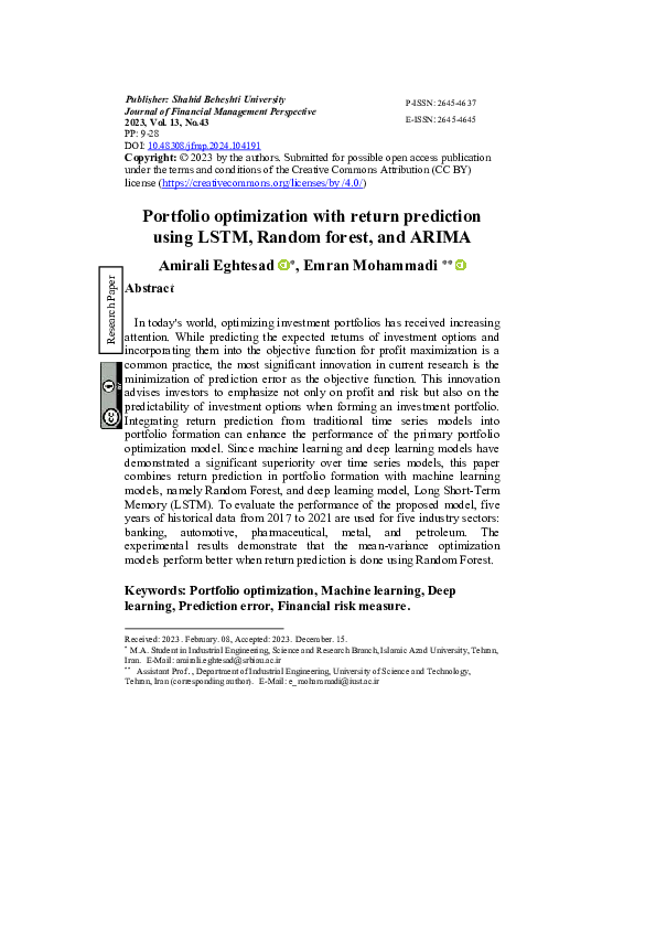 (PDF) Portfolio optimization with return prediction using LSTM, Random forest, and ARIMA