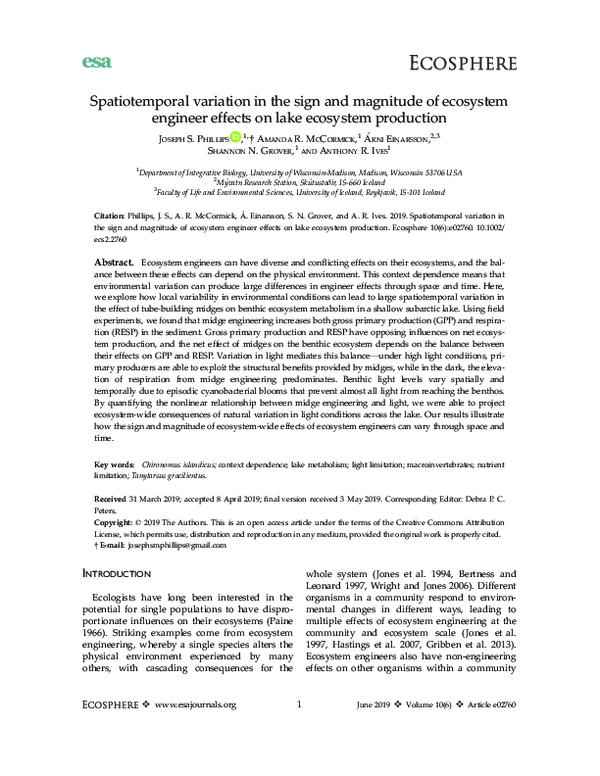 (PDF) Spatiotemporal variation in the sign and magnitude of ecosystem engineer effects on lake ...