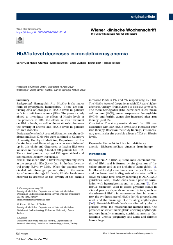 (PDF) HbA1c level decreases in iron deficiency anemia