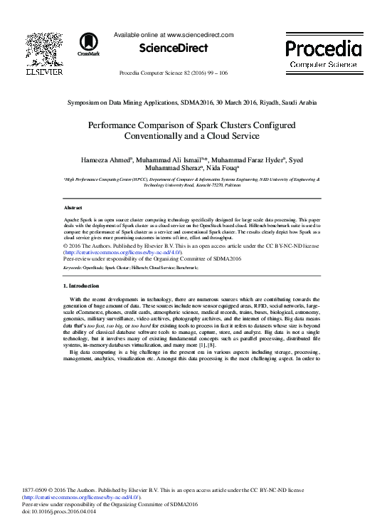 (PDF) Performance Comparison of Spark Clusters Configured Conventionally and a Cloud Service
