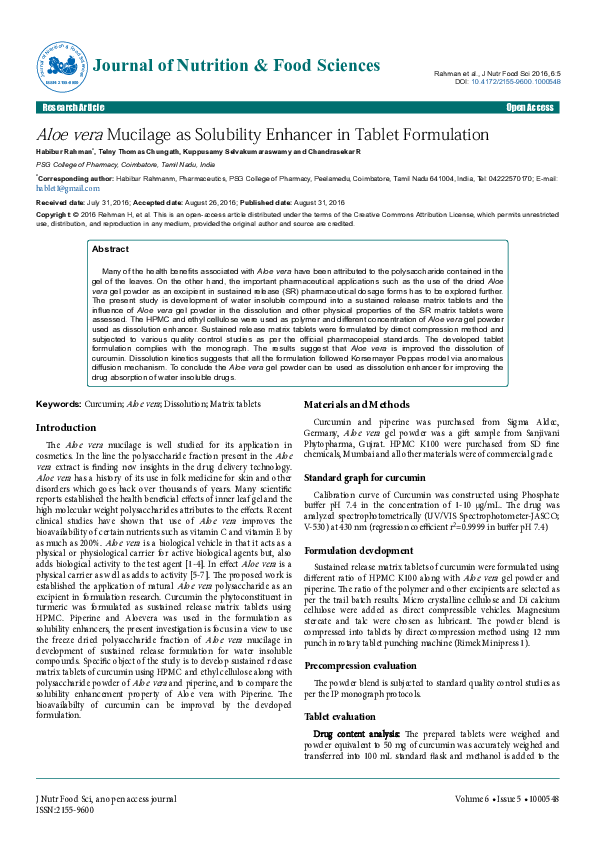 (PDF) Aloe vera Mucilage as Solubility Enhancer in Tablet Formulation