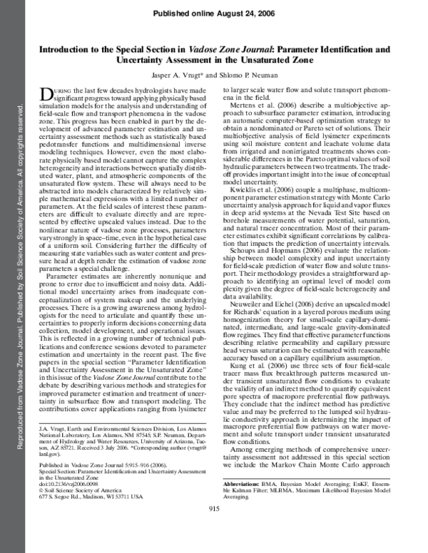 (PDF) Introduction to the Special Section in Vadose Zone Journal : Parameter Identification and ...