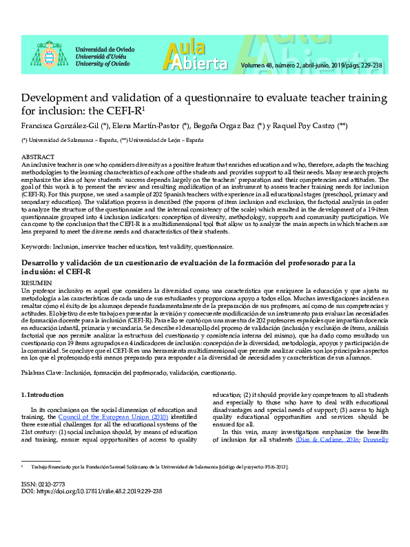 (PDF) Development and validation of a questionnaire to evaluate teacher training for inclusion ...