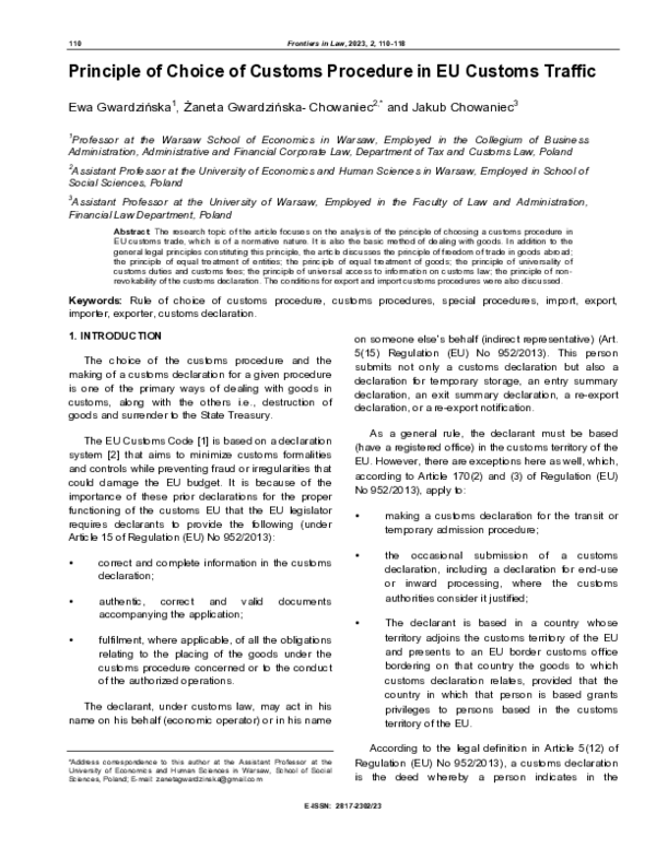 (PDF) Principle of Choice of Customs Procedure in EU Customs Traffic
