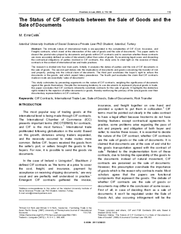 (PDF) The Status of CIF Contracts between the Sale of Goods and the ...