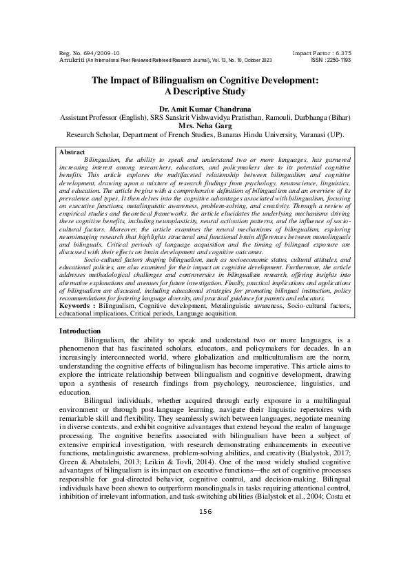 (PDF) The Impact of Bilingualism on Cognitive Development: A Descriptive Study