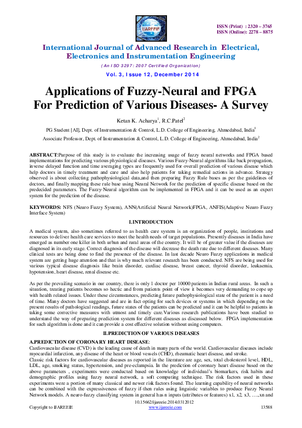 (PDF) Applications of Fuzzy-Neural and FPGAFor Prediction of Various Diseases- A Survey