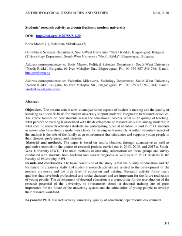 (PDF) Students’ research activity as a contribution to modern university