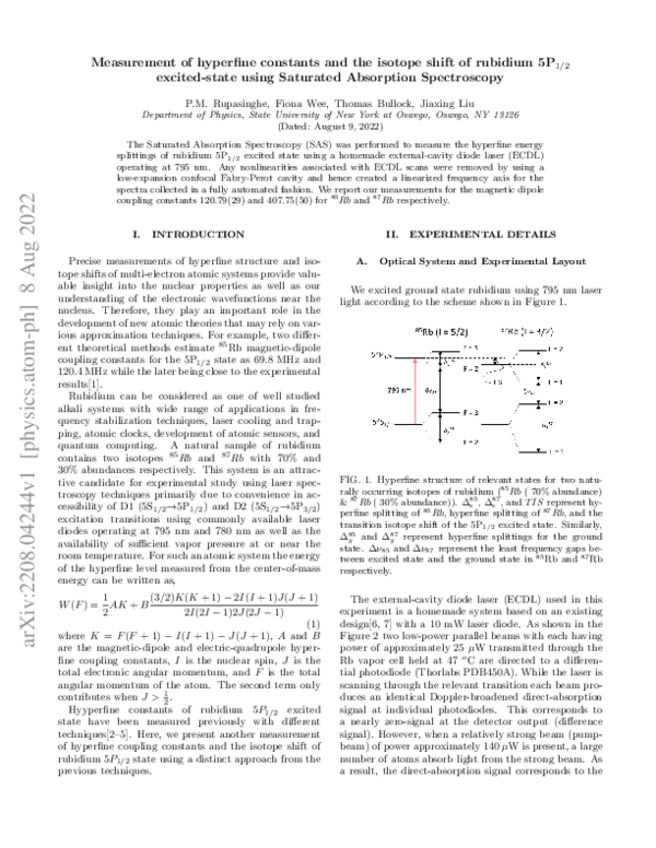 Pdf Measurement Of Hyperfine Constants And The Isotope Shift Of Rubidium 5p {1 2} Excited