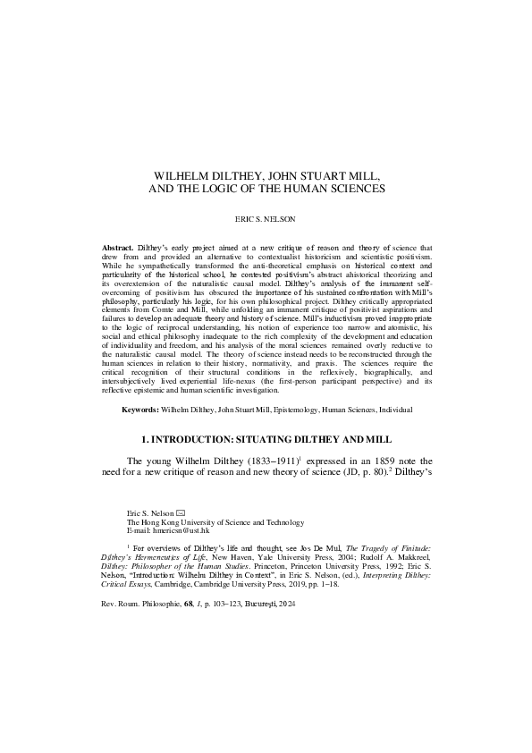 (PDF) Wilhelm Dilthey, John Stuart Mill, and the Logic of the Human ...