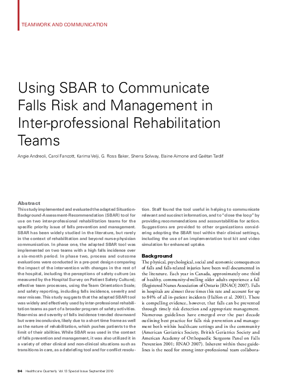 (PDF) teamwork and communication Using SBAR to Communicate Falls Risk and Management in Inter ...
