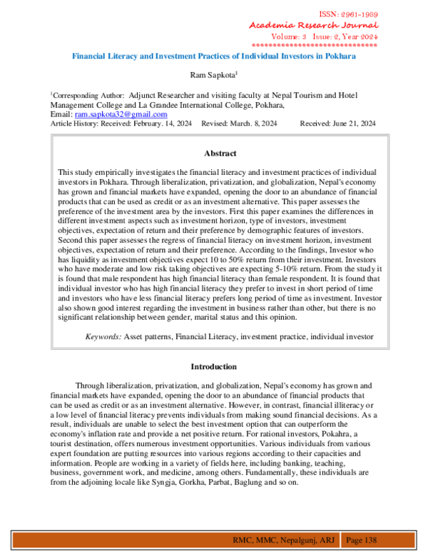 (PDF) Financial Literacy and Investment Practices of Individual ...