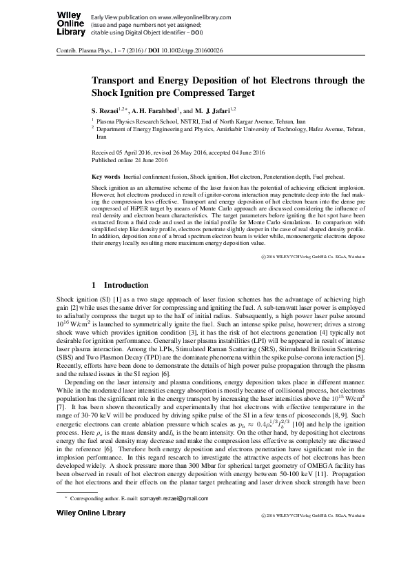 (PDF) Transport and Energy Deposition of hot Electrons through the ...