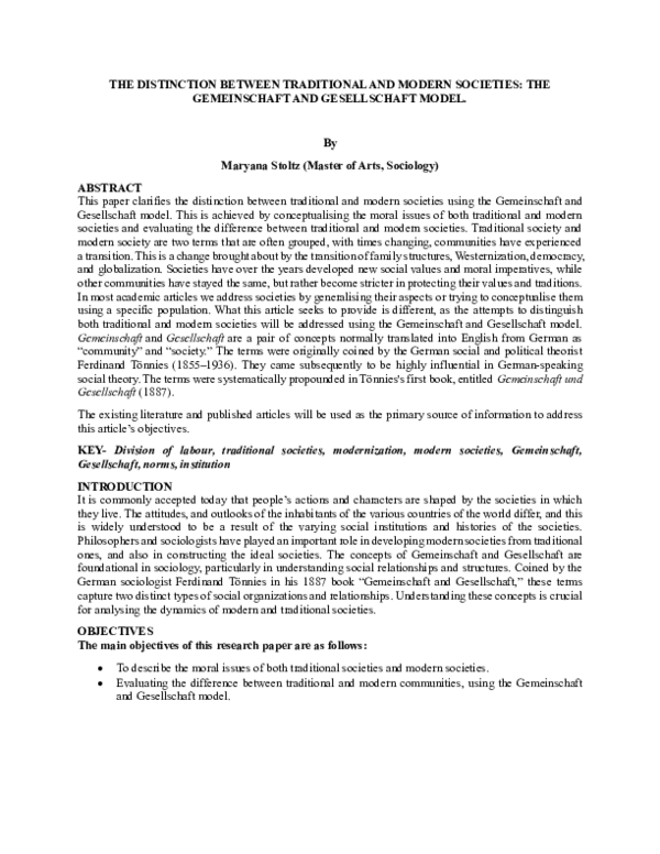 (PDF) THE DISTINCTION BETWEEN TRADITIONAL AND MODERN SOCIETIES: THE ...