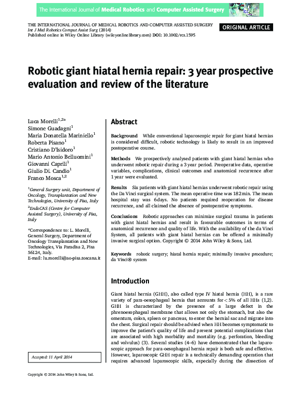 (PDF) Robotic giant hiatal hernia repair: 3 year prospective evaluation and review of the literature