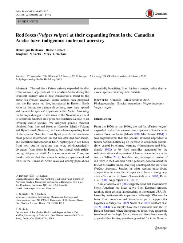 (PDF) Red foxes (Vulpes vulpes) at their expanding front in the Canadian Arctic have indigenous ...