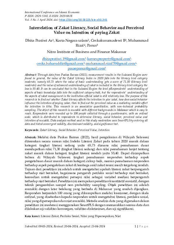 (PDF) Interrelation of Zakat Literacy, Social Behavior and Perceived Value on Intention of ...