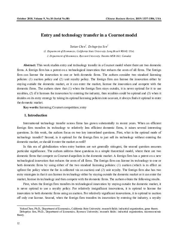 (PDF) Entry and technology transfer in a Cournot model
