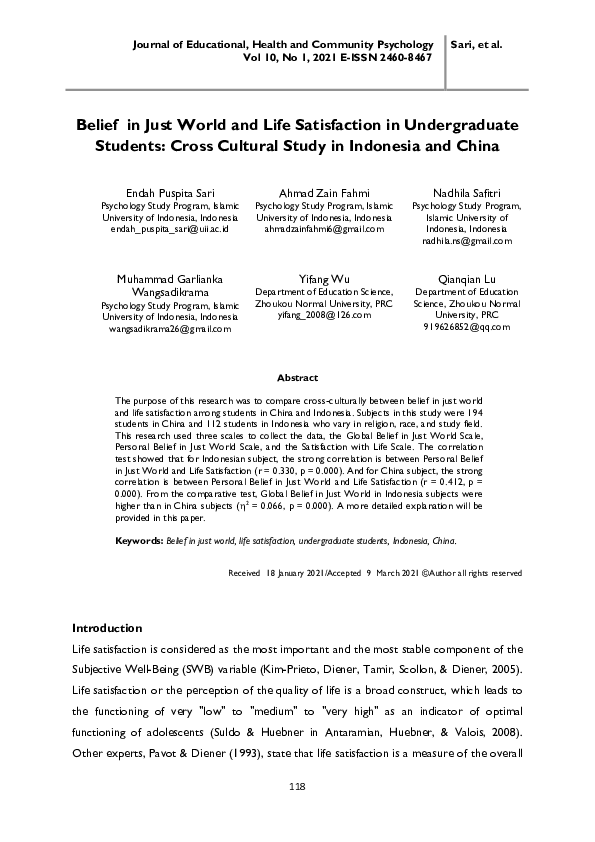 (PDF) Belief in Just World and Life Satisfaction in Undergraduate ...